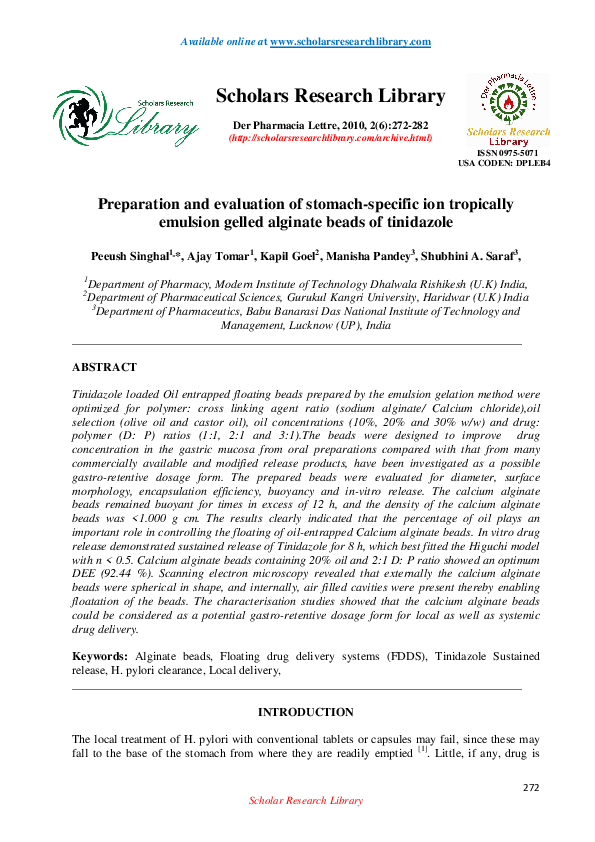 Pdf Preparation And Evaluation Of Stomach Specific Ion Tropically Emulsion Gelled Alginate