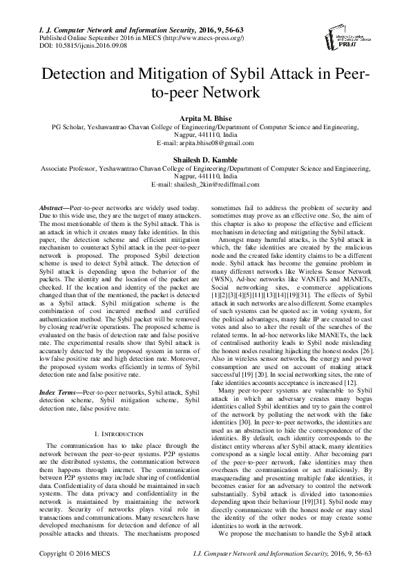 (PDF) Detection and Mitigation of Sybil Attack in Peer-to-peer Network