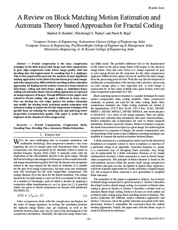 Pdf A Review On Block Matching Motion Estimation And Automata Theory Based Approaches For