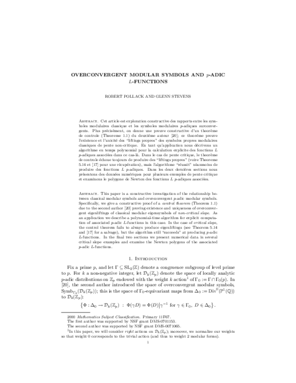(PDF) OVERCONVERGENT MODULAR SYMBOLS AND p-ADIC L-FUNCTIONS