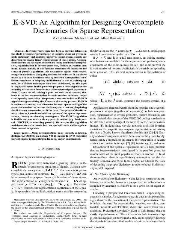 (PDF) SVD: An Algorithm for Designing Overcomplete Dictionaries for Sparse Representation