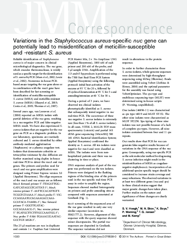 Pdf Variations In Staphylococcus Aureus Specific Nuc Gene Can Potentially Lead To