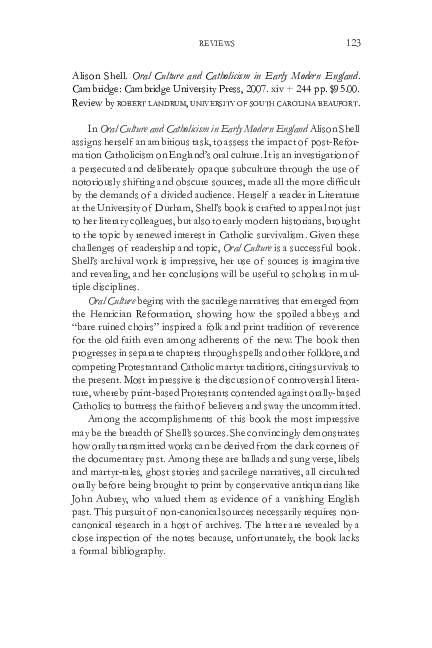 (PDF) Oral Culture and Catholicism in Early Modern England. By Alison ...