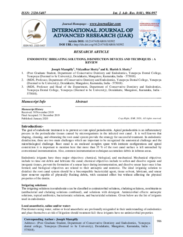(PDF) Endodontic Irrigating Solutions, Disinfection Devices and Techniques: A Review
