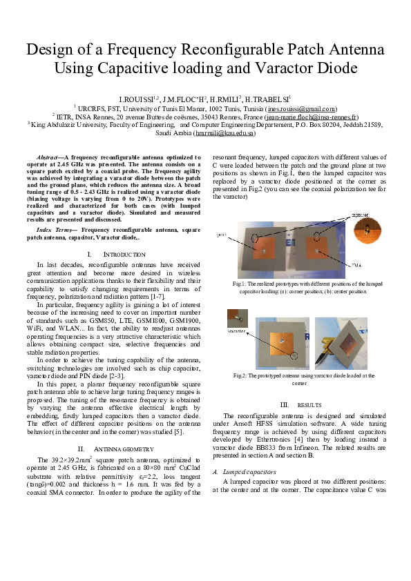 (PDF) Design of a Frequency Reconfigurable Patch Antenna Using Capacitive loading and Varactor ...