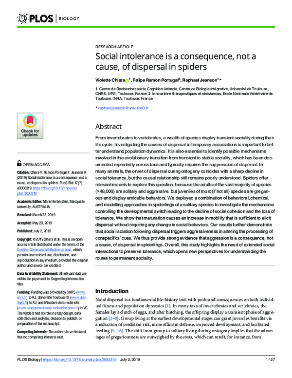 (PDF) Social intolerance is a consequence, not a cause, of dispersal in ...