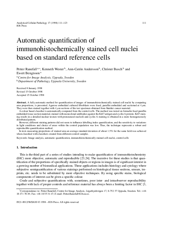 (PDF) Automatic quantification of immunohistochemically stained cell nuclei using unsupervised ...