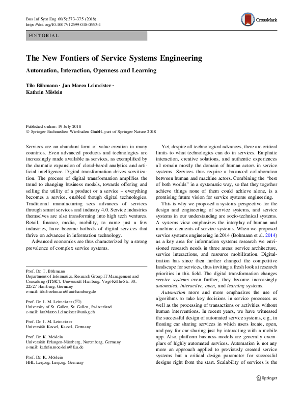 (PDF) The New Fontiers of Service Systems Engineering