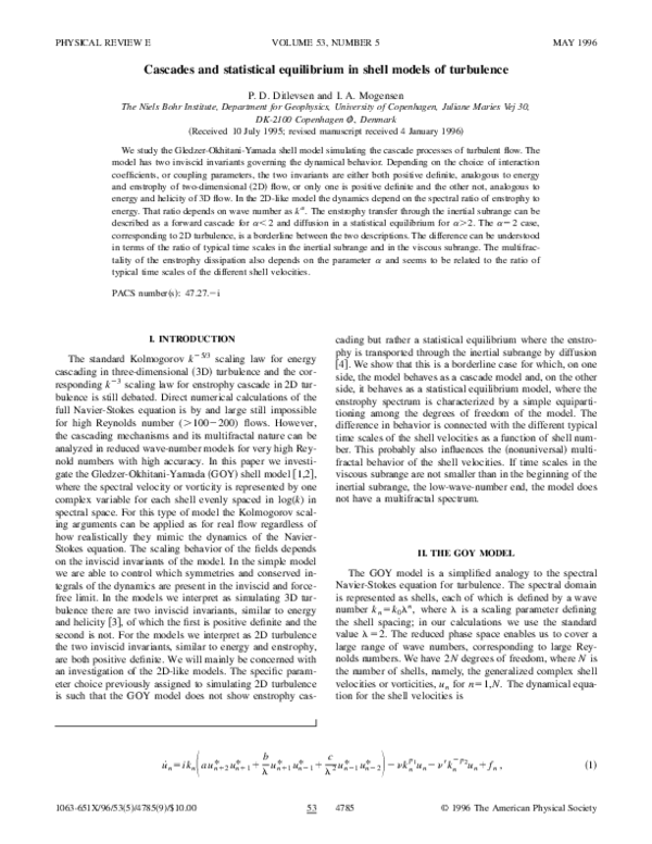 (PDF) Cascades and statistical equilibrium in shell models of turbulence