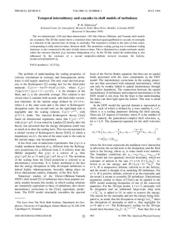 Pdf Temporal Intermittency And Cascades In Shell Models Of Turbulence