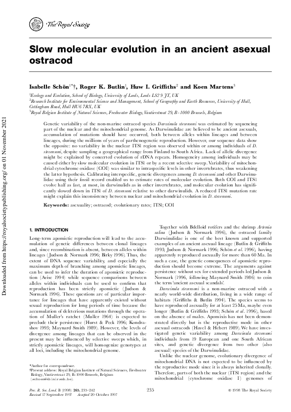 (PDF) Slow molecular evolution in an ancient asexual ostracod | Isa ...