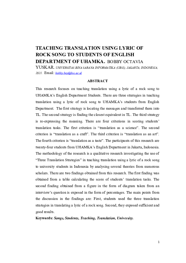 (DOC) TEACHING TRANSLATION USING LYRIC OF ROCK SONG TO STUDENTS OF ...