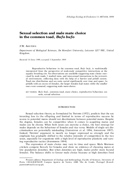 (PDF) Sexual selection and male mate choice in the common toad, Bufo bufo
