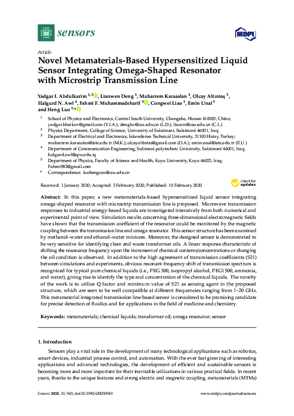 Pdf Novel Metamaterials Based Hypersensitized Liquid Sensor Integrating Omega Shaped Resonator