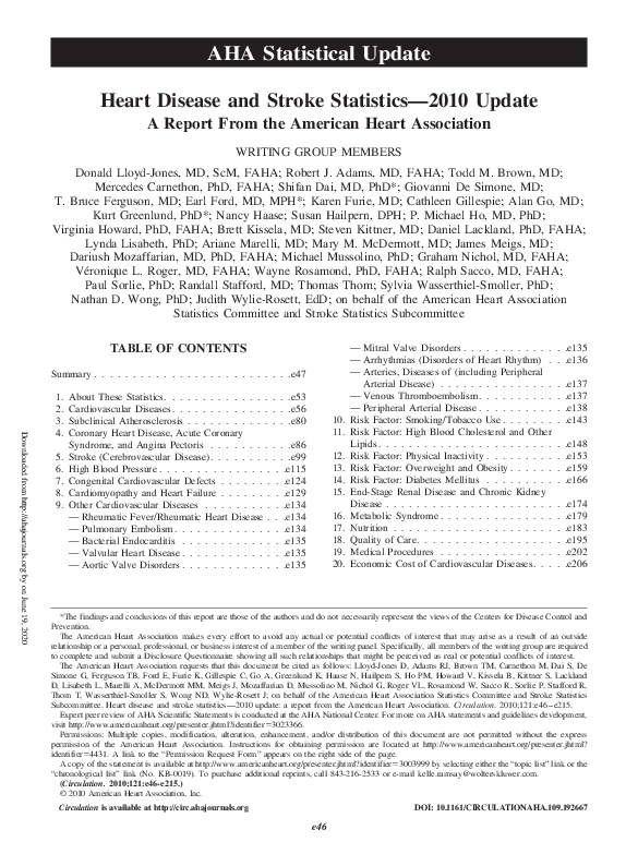 (PDF) Heart Disease and Stroke Statistics--2010 Update: A Report From ...