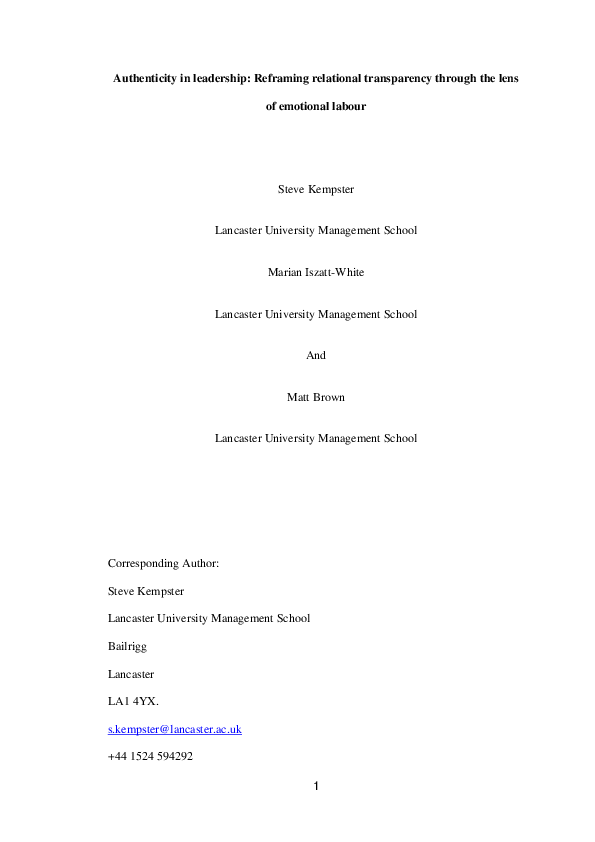 (PDF) Authenticity in leadership: Reframing relational transparency ...