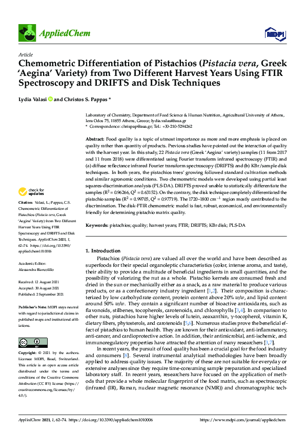 (PDF) Chemometric Differentiation of Pistachios (Pistacia vera, Greek ‘Aegina’ Variety) from Two ...