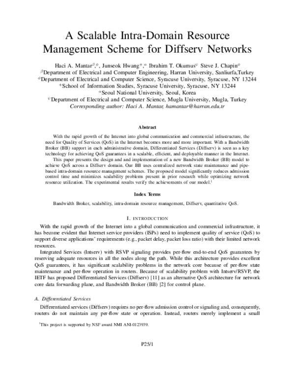 (PDF) A Scalable Intra-Domain Resource Management Scheme for Diffserv Networks