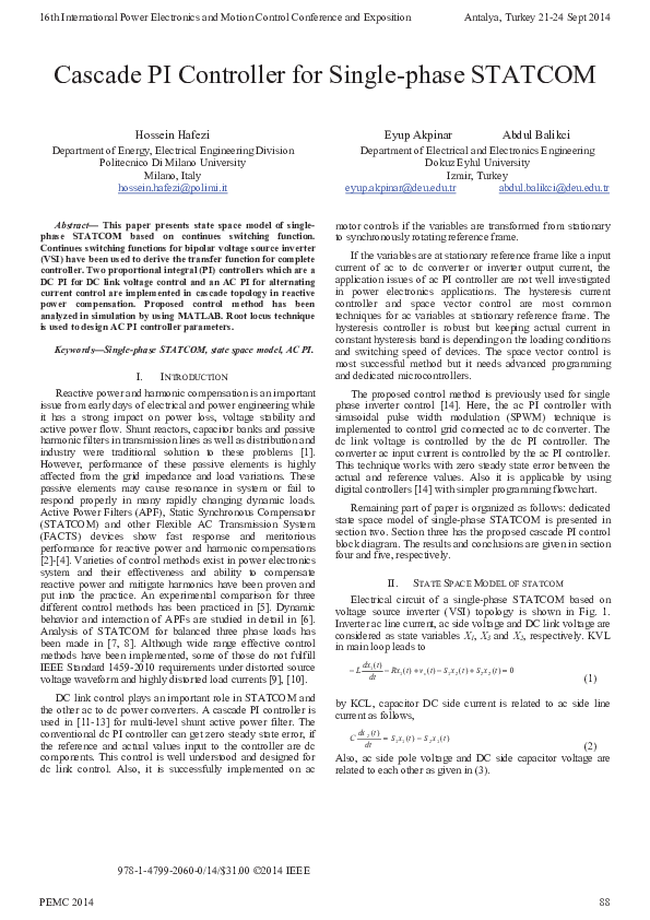 Pdf Cascade Pi Controller For Single Phase Statcom