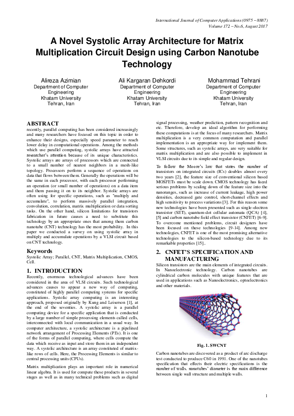 (PDF) A Novel Systolic Array Architecture for Matrix Multiplication Circuit Design using Carbon ...