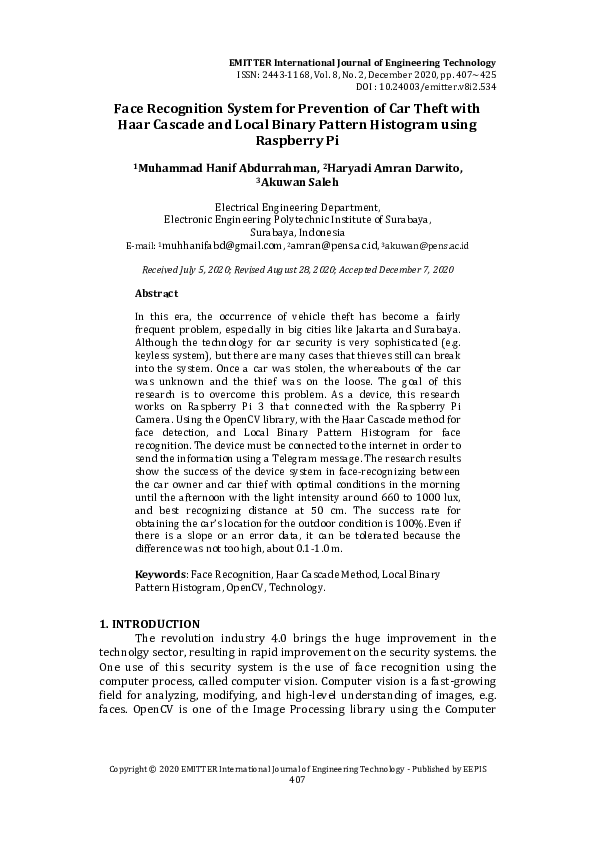 Pdf Face Recognition System For Prevention Of Car Theft With Haar Cascade And Local Binary