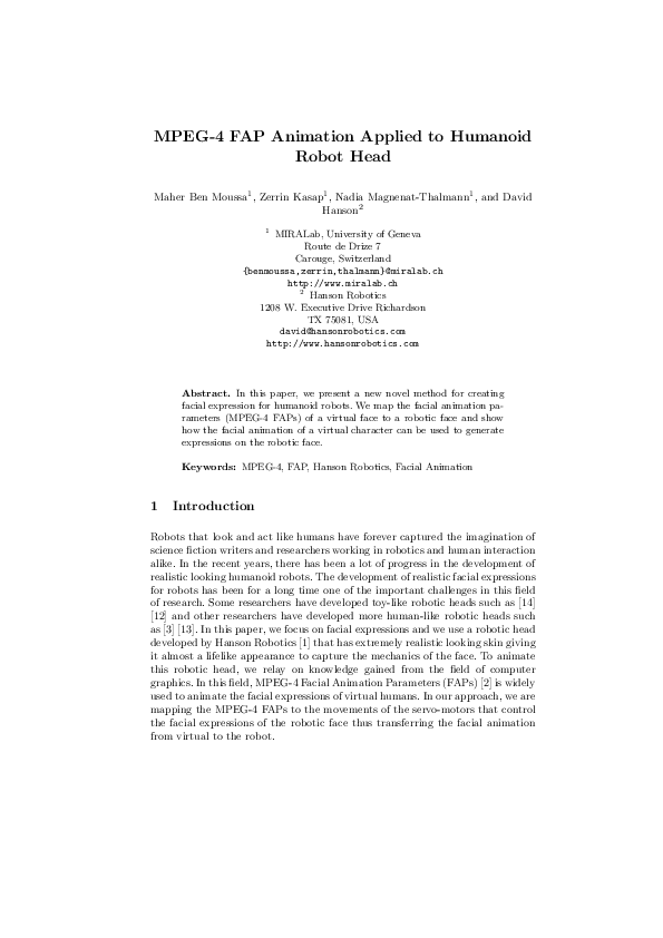 (PDF) MPEG-4 FAP Animation Applied to Humanoid Robot Head | Zerrin Yumak - Academia.edu