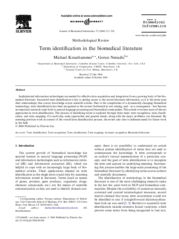 (PDF) Term identification in the biomedical literature