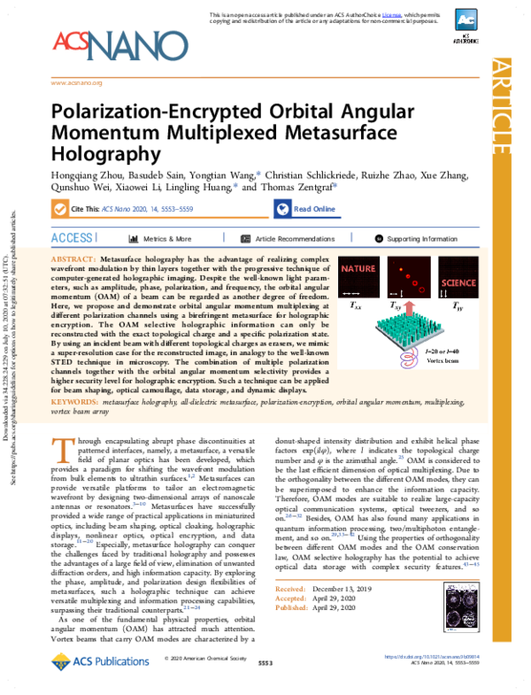 Pdf Polarization Encrypted Orbital Angular Momentum Multiplexed