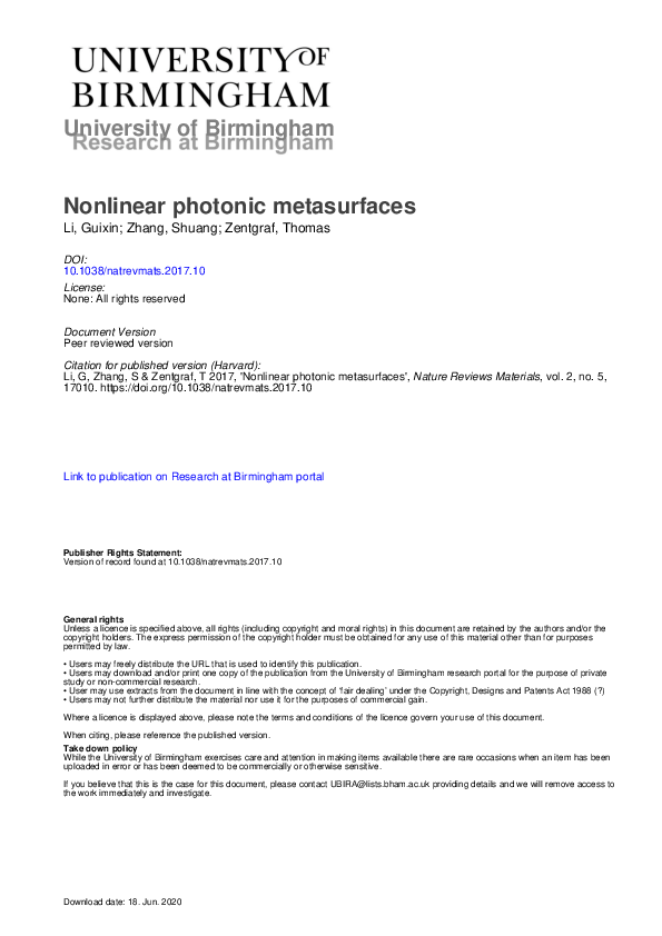 (PDF) Nonlinear photonic metasurfaces