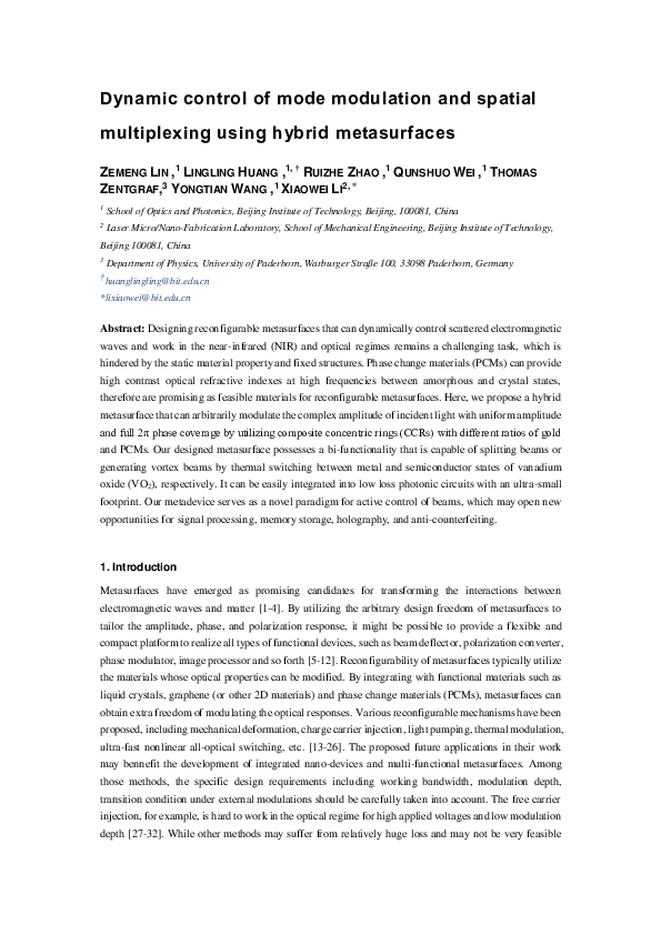 (PDF) Dynamic control of mode modulation and spatial multiplexing using hybrid metasurfaces