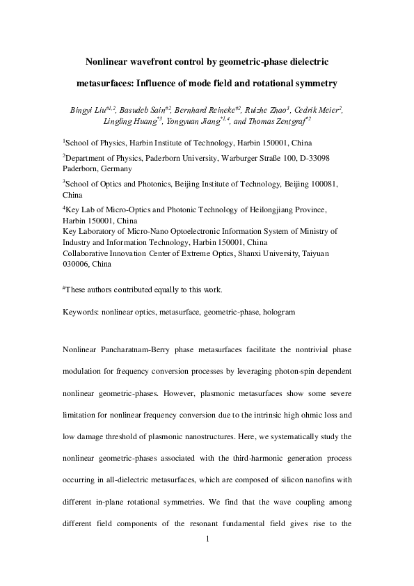 (PDF) Nonlinear Wavefront Control by Geometric‐Phase Dielectric ...