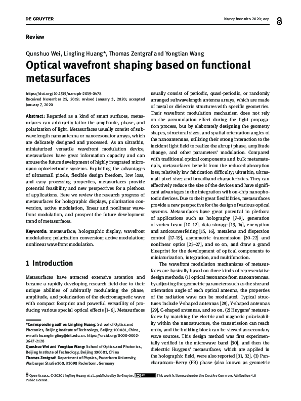 (PDF) Optical wavefront shaping based on functional metasurfaces