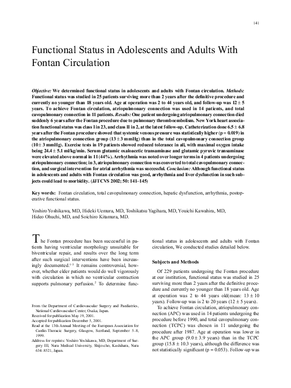 (PDF) Functional status in adolescents and adults with Fontan circulation