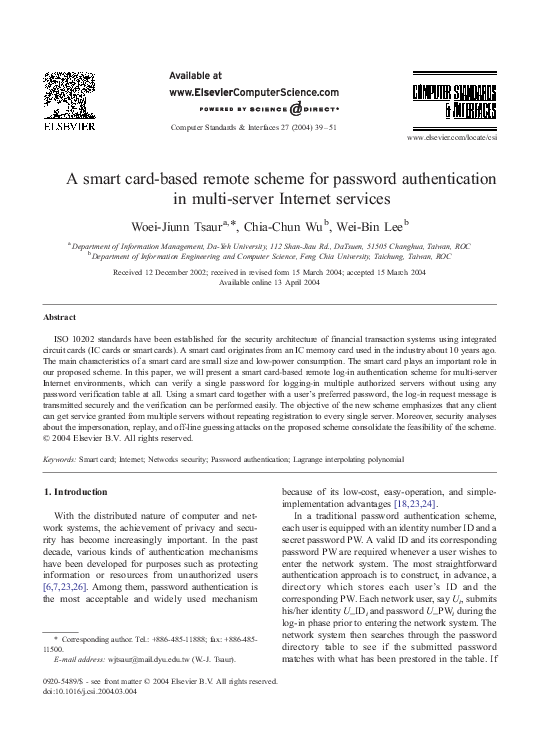 Pdf A Smart Card Based Remote Scheme For Password Authentication In Multi Server Internet Services 