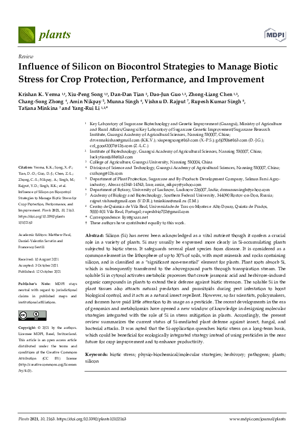 (PDF) Influence of Silicon on Biocontrol Strategies to Manage Biotic Stress for Crop Protection ...