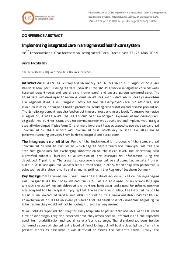 (PDF) Implementing integrated care in a fragmented health care system