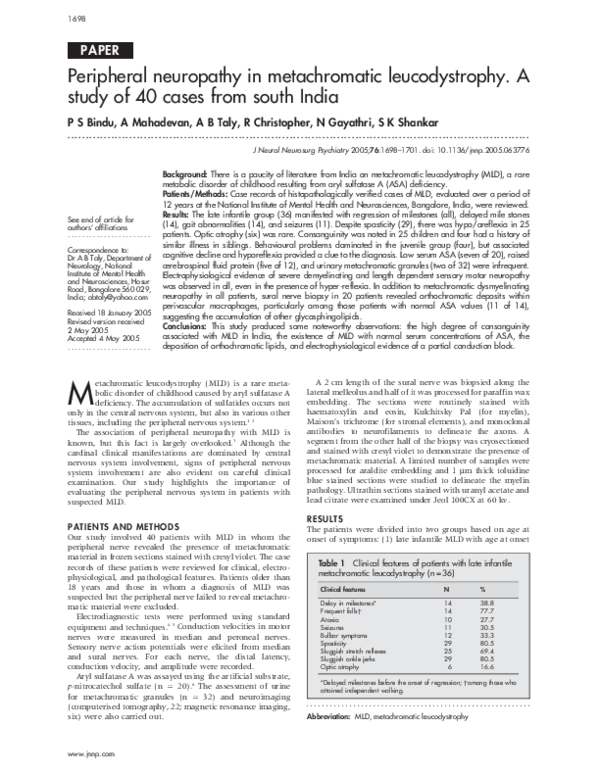 (PDF) Peripheral neuropathy in metachromatic leucodystrophy. A study of ...