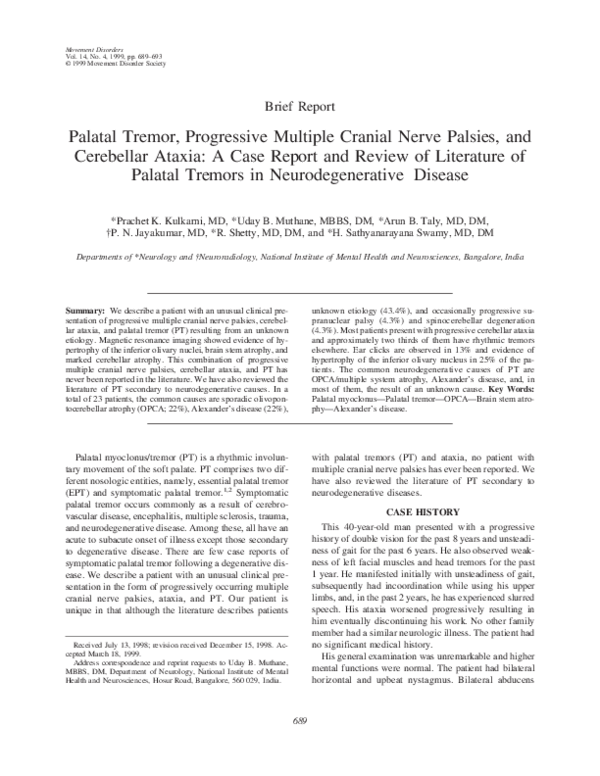 (PDF) Palatal tremor, progressive multiple cranial nerve palsies, and ...