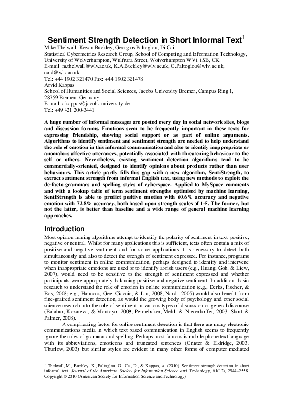 (PDF) Sentiment strength detection in short informal text | Arvid Kappas - Academia.edu