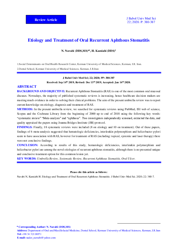 (PDF) Etiology and Treatment of Oral Recurrent Aphthous Stomatitis