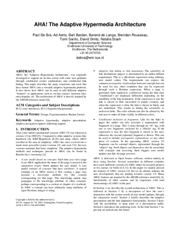 (PDF) AHA! The adaptive hypermedia architecture | A. Aerts - Academia.edu