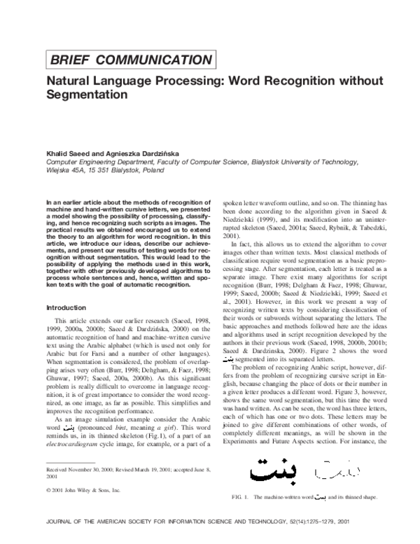 (PDF) Natural language processing: Word recognition without segmentation