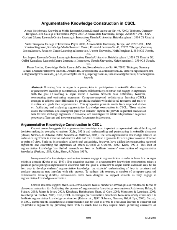(PDF) Argumentative knowledge construction in CSCL