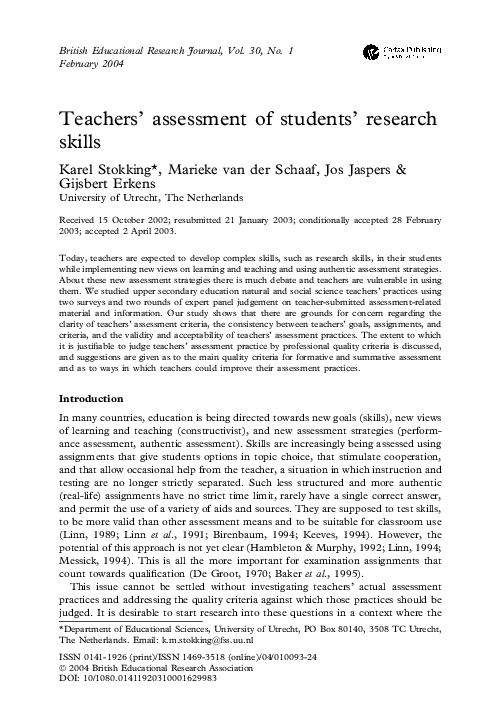 (PDF) Teachers' assessment of students' research skills