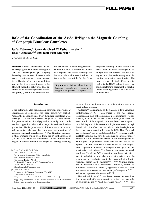 (PDF) Magnetic Coupling in Cu(II) Binuclear Complexes with Azido Bridging