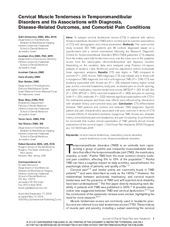 (PDF) Cervical Muscle Tenderness in Temporomandibular Disorders and Its ...