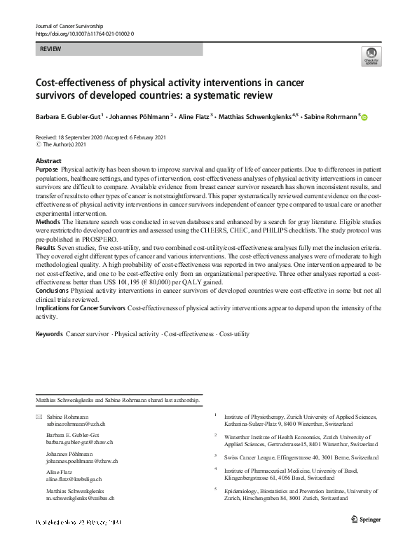 (PDF) Cost-effectiveness of physical activity interventions in cancer survivors of developed ...