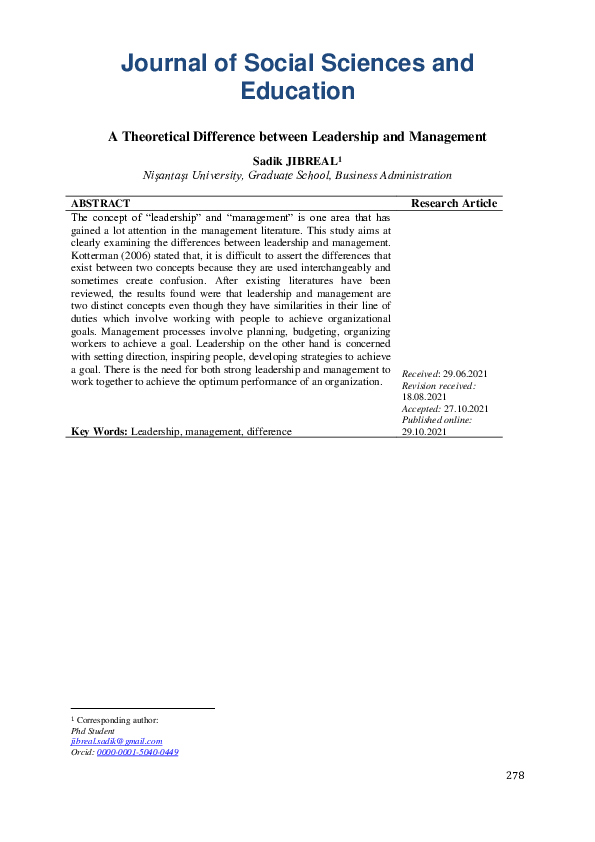 (PDF) A Theoretical Difference between Leadership and Management