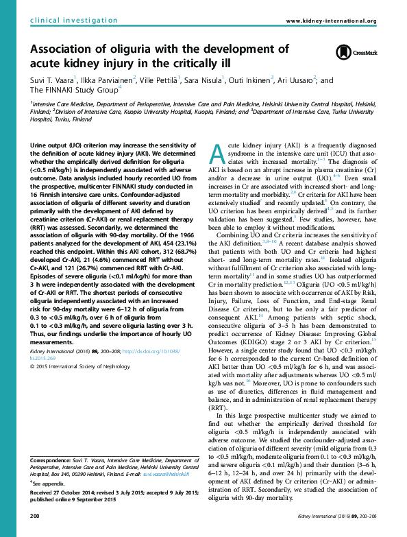(PDF) Association of oliguria with the development of acute kidney ...