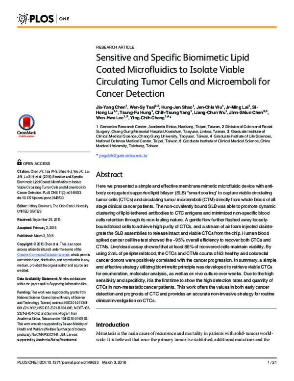 (PDF) Sensitive and Specific Biomimetic Lipid Coated Microfluidics to Isolate Viable Circulating ...